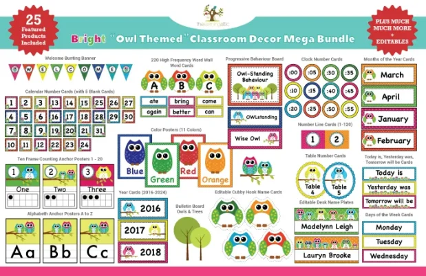 Bright Owl Themed Classroom Decor - Mega Bundle - Learning Attic