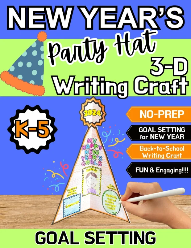 New Year's 3D Party Hat Goal Setting Writing Craft - Learning Attic