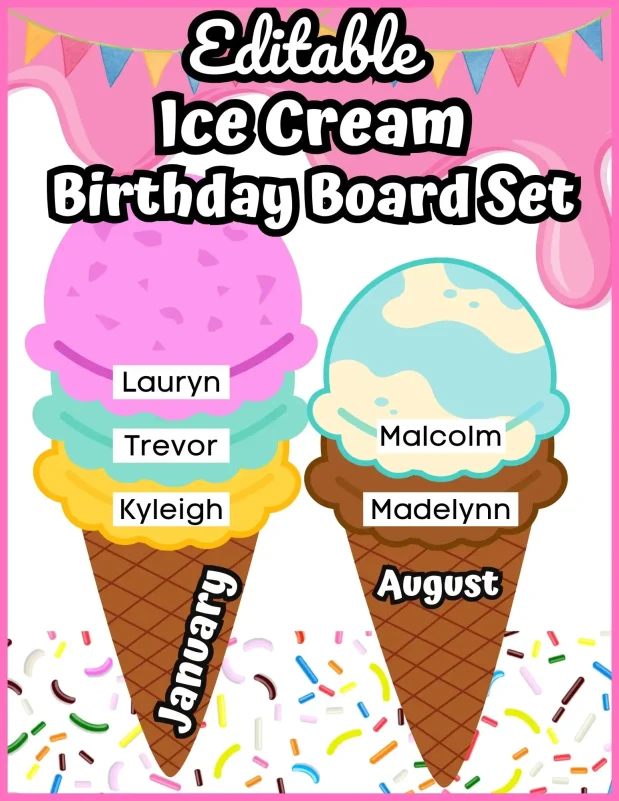 EDITABLE Ice Cream Birthday Calendar Bulletin Board Set - Learning Attic