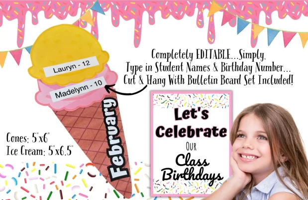 EDITABLE Ice Cream Birthday Calendar Bulletin Board Set - Learning Attic