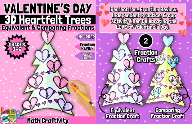 Valentines Day Equivalent and Comparing 3D Fraction Craft February Math ...