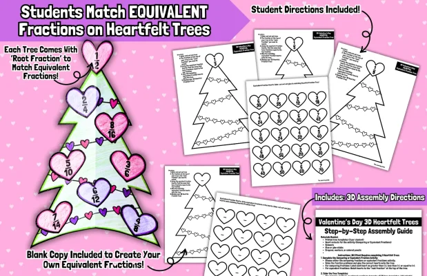 Valentines Day Equivalent and Comparing 3D Fraction Craft February Math ...