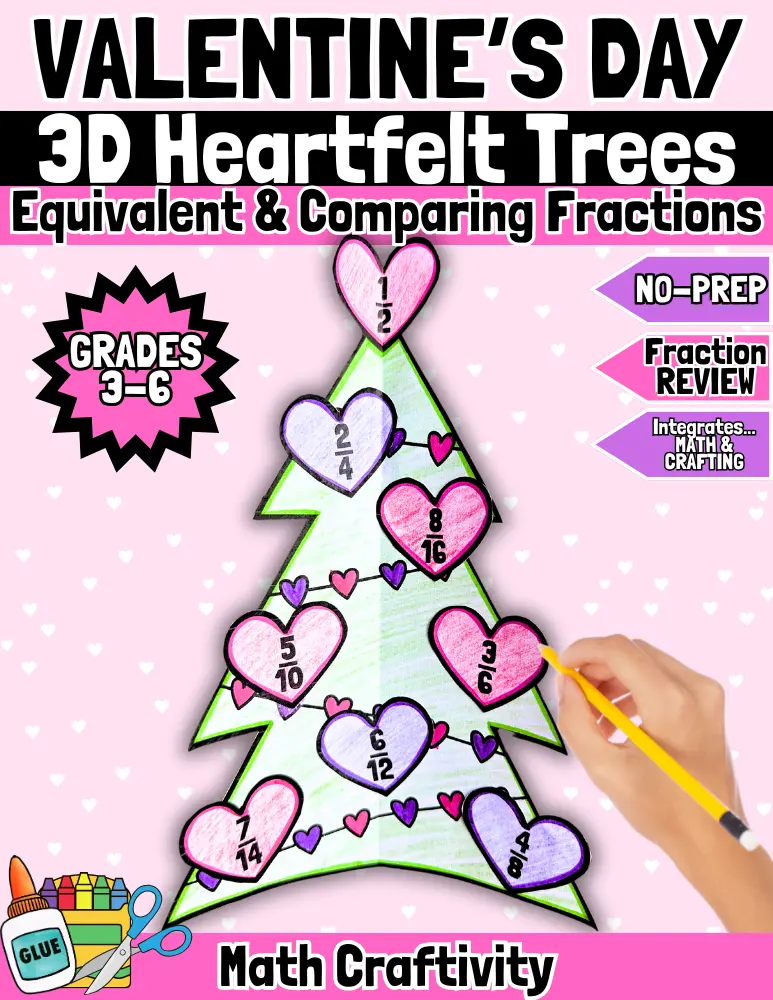 Valentines Day Equivalent and Comparing 3D Fraction Craft February Math ...