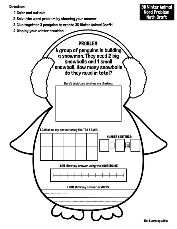 Winter Math 3D Penguin Word Problem January February Craft Kindergarten ...