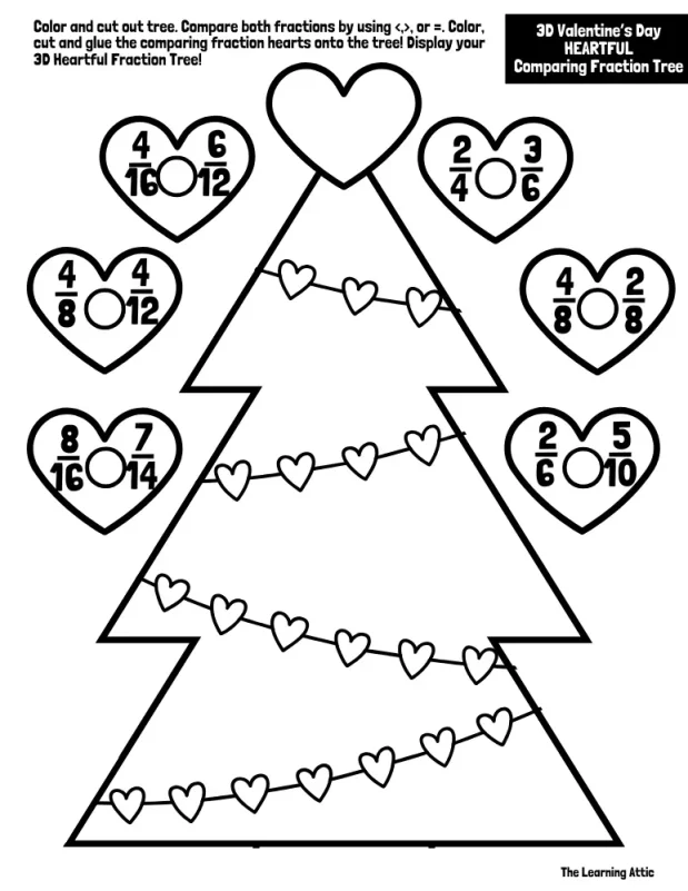 Valentines Day Equivalent and Comparing 3D Fraction Craft February Math ...