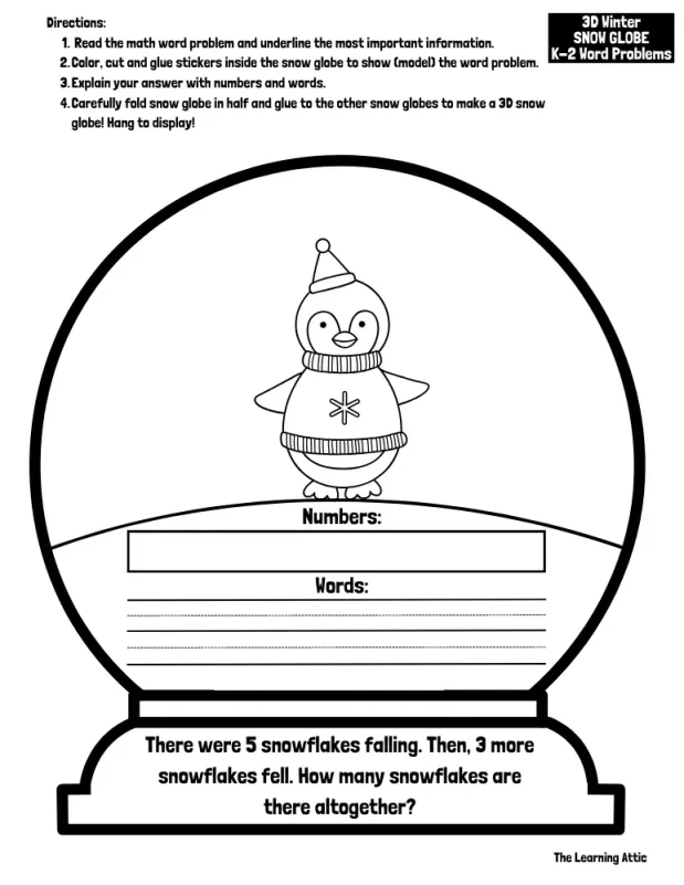 Winter 3D Snow Globe Math Craft December January February Word Problems ...
