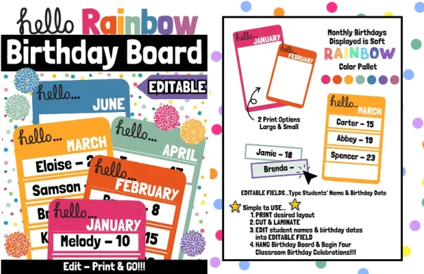 RAINBOW Birthday Bulletin Board | EDITABLE Birthday Display | Classroom ...