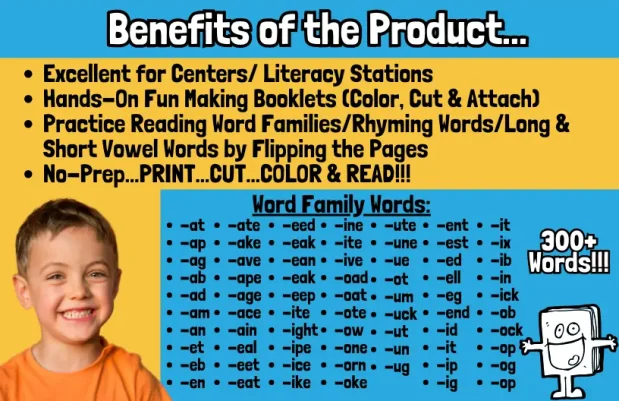 Long and Short Vowels Phonics Flipbooks, 300+ Word Families Fluency ...