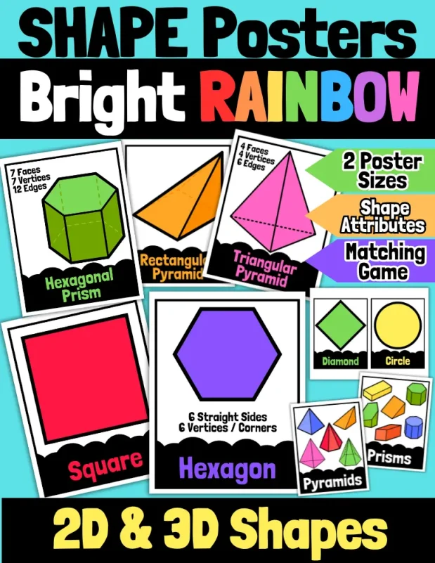 2D and 3D Shape Posters, Geometric Math Anchor Charts, Rainbow Math ...