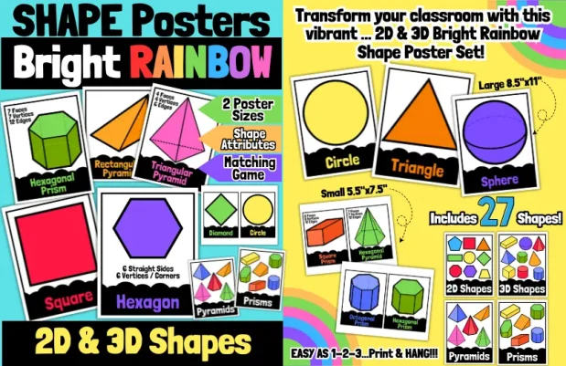 2D and 3D Shape Posters, Geometric Math Anchor Charts, Rainbow Math ...