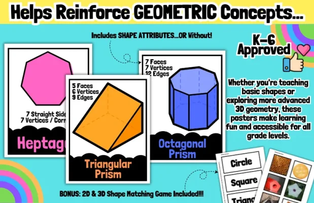 2D and 3D Shape Posters, Geometric Math Anchor Charts, Rainbow Math ...