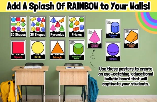 2D and 3D Shape Posters, Geometric Math Anchor Charts, Rainbow Math ...
