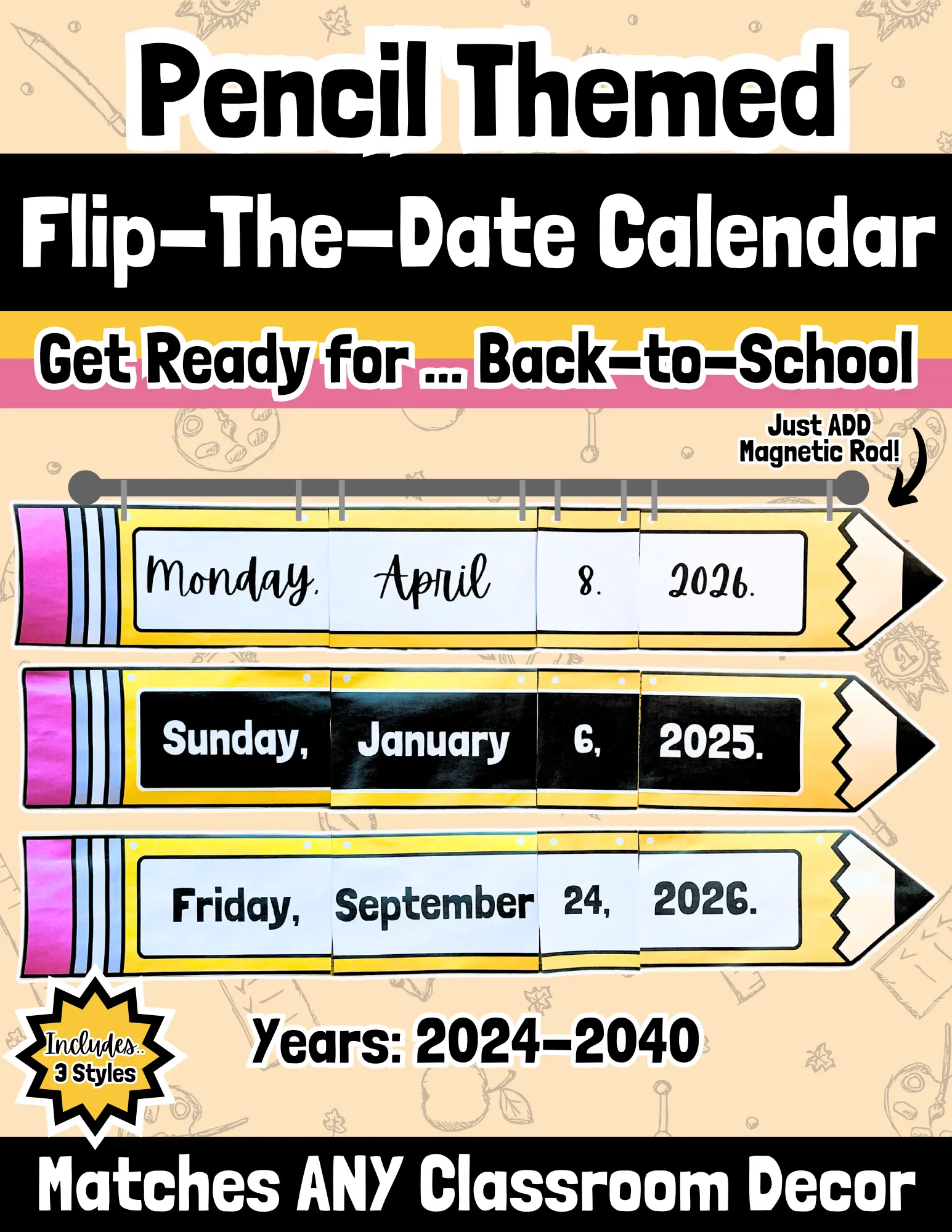 Pencil Flip Calendar 2024-2040, Date Flip Cards, Magnetic Rod Flip-the ...