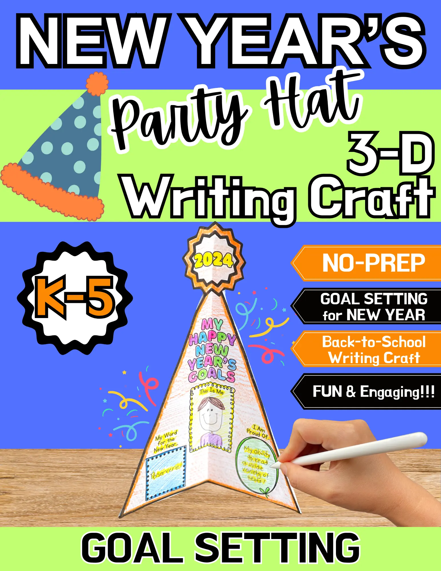New Year 3-D Party Hat Goal Setting Writing Craft Back to School After ...