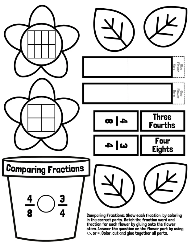 Spring Math Craft Equivalent & Comparing Fractions April May Flower ...