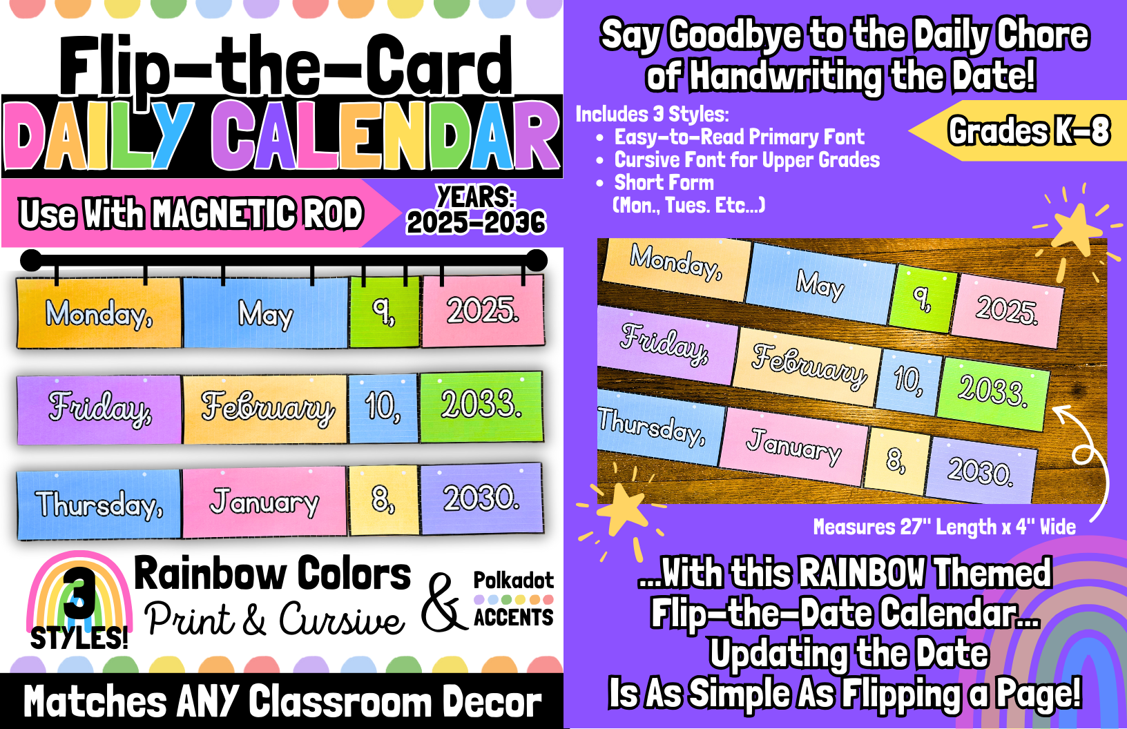 Daily FLIP Calendar Cards Rainbow & Polkadot Colors Pocket Chart 2025 ...