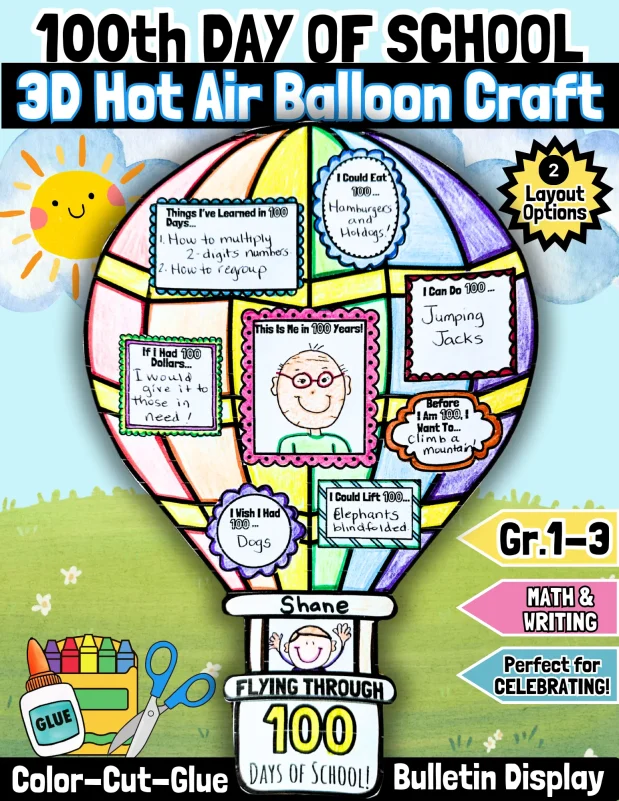 100th Days of School Math & Writing Hot Air Balloon Craft Hundreds Day ...