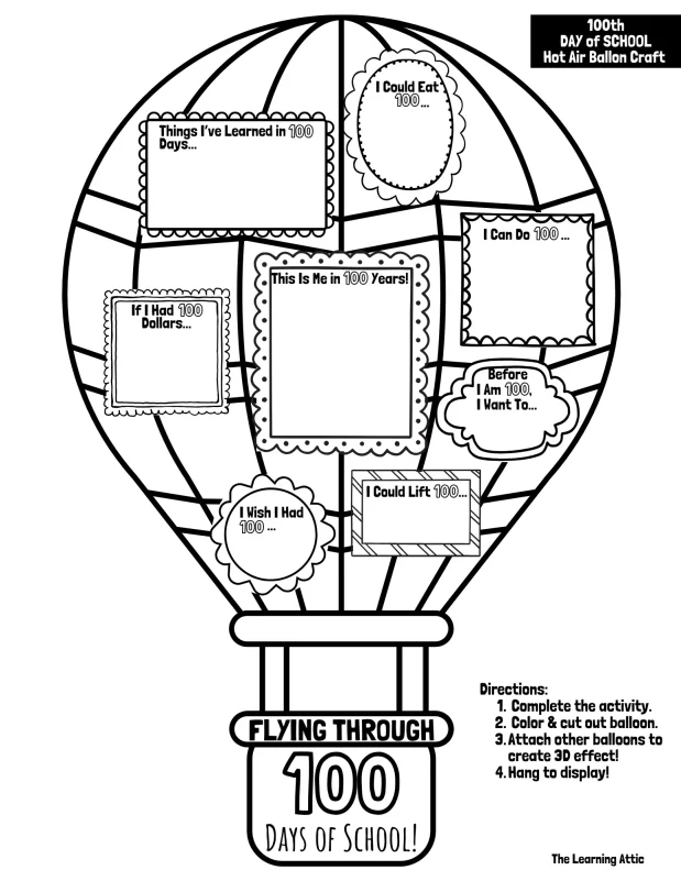 100th Days of School Math & Writing Hot Air Balloon Craft Hundreds Day ...
